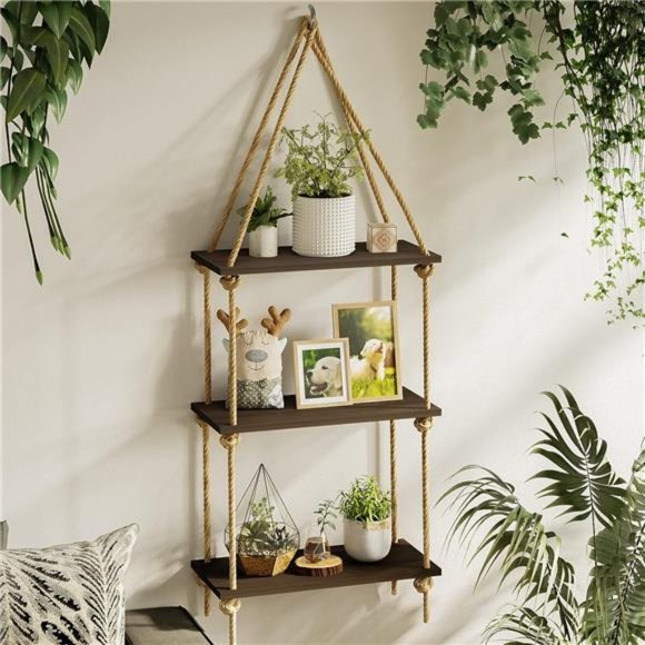 Wall Decor | Hanging Wall Shelvesswing Rope Floating Shelf3 Tier Bamboo ...